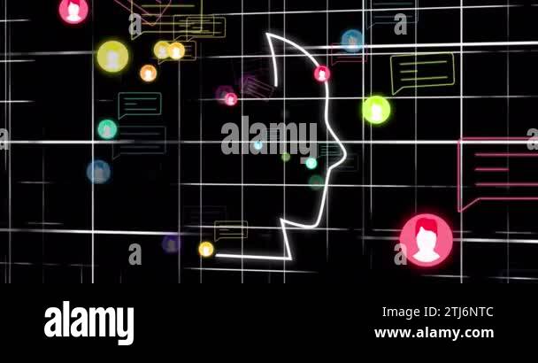 Animation of ai chat and data processing over human head and grid. Global artificial ...