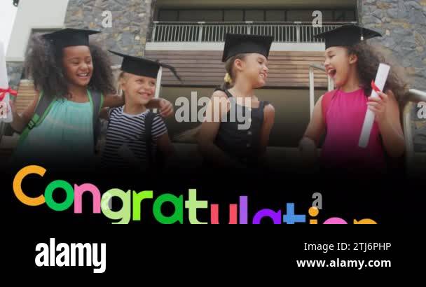 Animation of congratulations text over happy diverse schoolgirls with ...