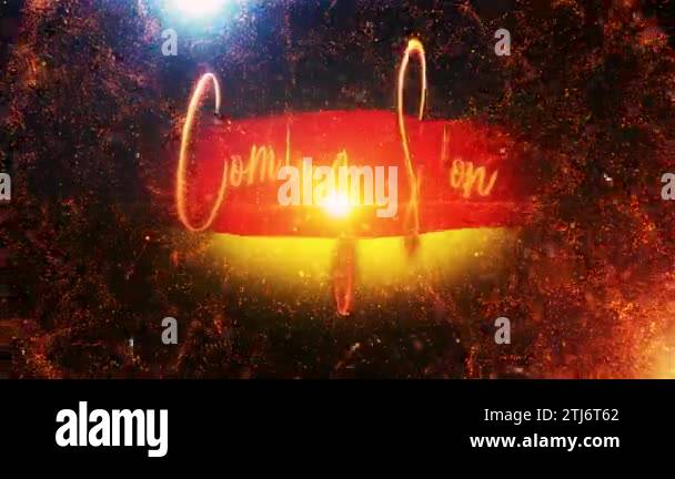 Coming Soon gold text motion with fire burst and golden particles ...