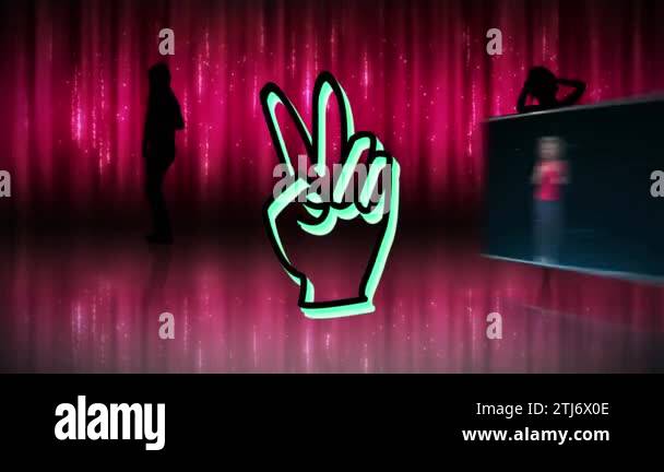 Animation of victory sign over woman dancing on television screen on ...