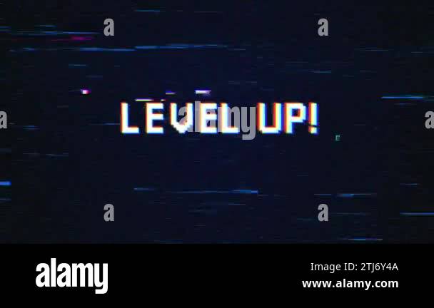 LEVEL UP text with glitch background concept for video games screen. LEVEL UP Retro text effects ...
