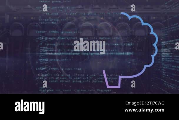 Animation of ai text and icon over data processing. Global artificial intelligence, digital ...