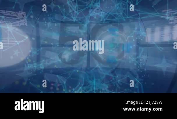 Animation of 5g text over infographic interface with globe, circuit ...