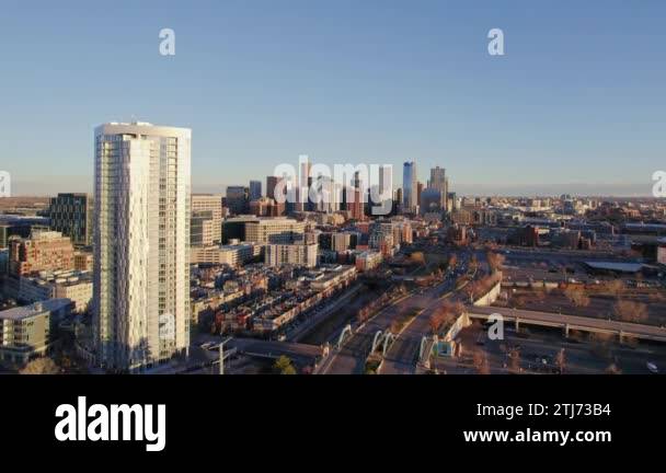 Drone Aerial View Of Denver Colorado Downtown Skyline Flying Past High ...