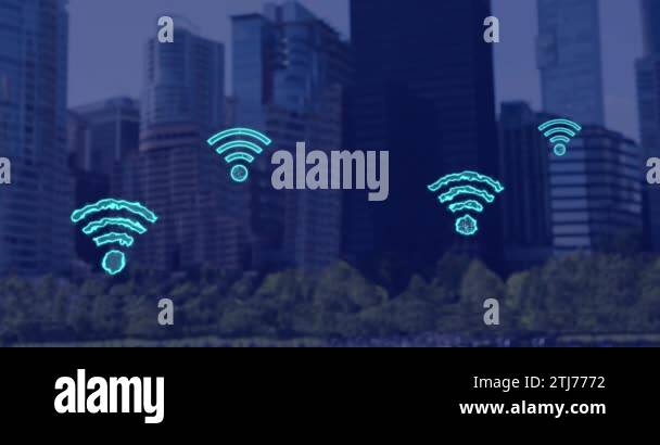 Animation of digital wifi icons flying over cityscape. Global internet ...