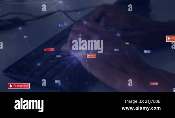 Animation of social media icons and network of connections over person hands typing on keyboard ...
