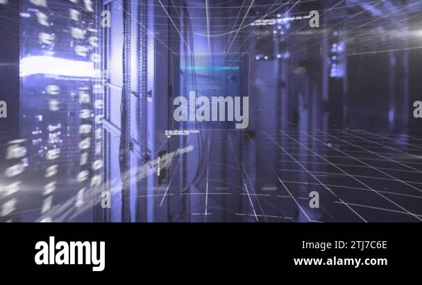 Animation of mathematical equations and data processing over rainbow lens flare against server ...