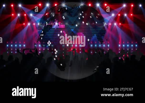 Animation of rotating globe, with red and white spotlights and dancing ...