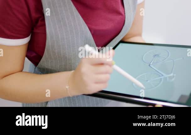 Tablet, pen and 3d graphic design of animation bicycle by tech ...
