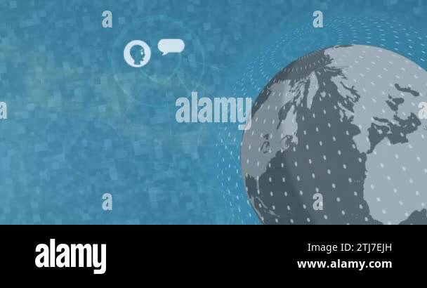 Animation of ai data processing over globe with ai icons. Global artificial intelligence ...