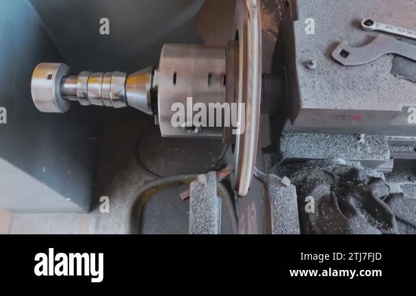 Rotary lathe in action. The old turning machine in the turning shop ...