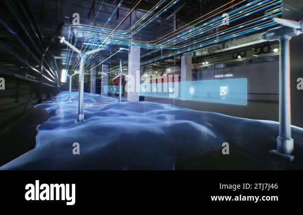 Diverse workers walks through electrical distribution station. 3D ...