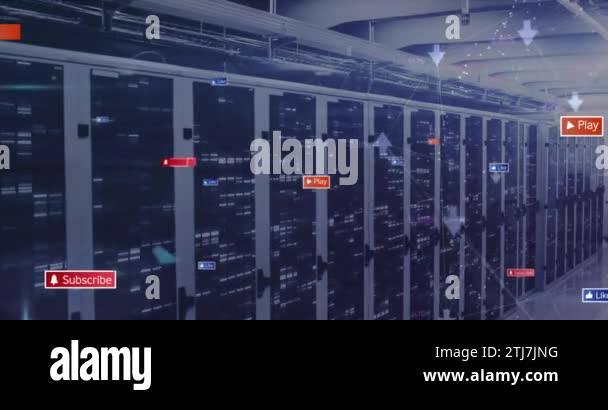Animation of social media icons floating and mosaic squares against computer server room. Social ...