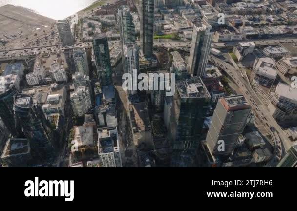 High angle footage of modern downtown high rise office buildings and ...