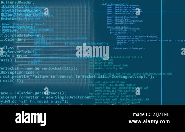 Security software code screen on a network firewall animation on blue ...