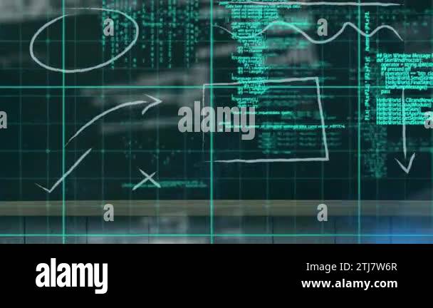 Animation of arrows, symbols, shape over computer language and lens ...