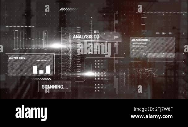 Animation of hud interface with graphs, programming language and lens flare over skyscrapers ...