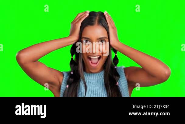 Wow, shock and face of a woman on a green screen isolated on a studio ...