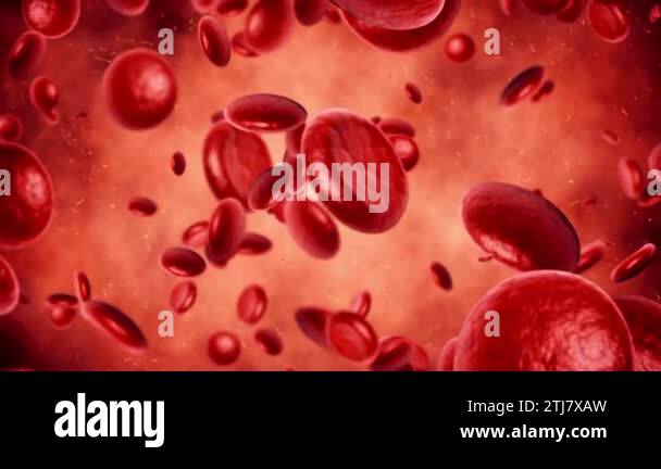 Red blood cells floating through blood and circulating in the vessels ...