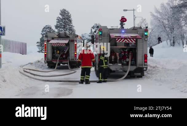 Saariselka, Finland - Circa 2022: Fire trucks at a burning down of ...