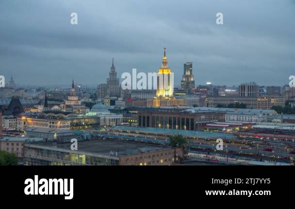 Evening top view of three railway stations day to night transition ...
