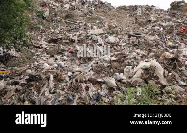 A dump where food waste is dumped, a landfill or trash pile, pollution ...