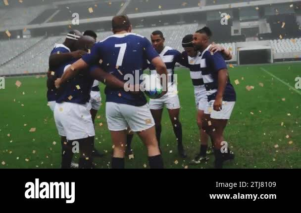 Animation of confetti falling over happy diverse male rugby players at ...
