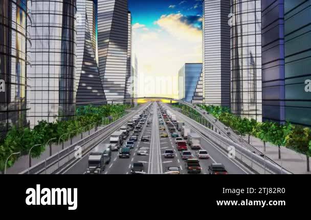 Highway intersection/ road interchange middle in the city with heavy ...