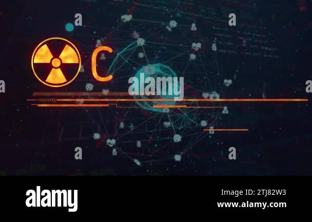 Animation of radioactive symbol and warning text over globe of digital ...