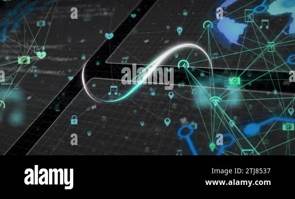 Animation of infinity symbol and globes of digital icons against ...