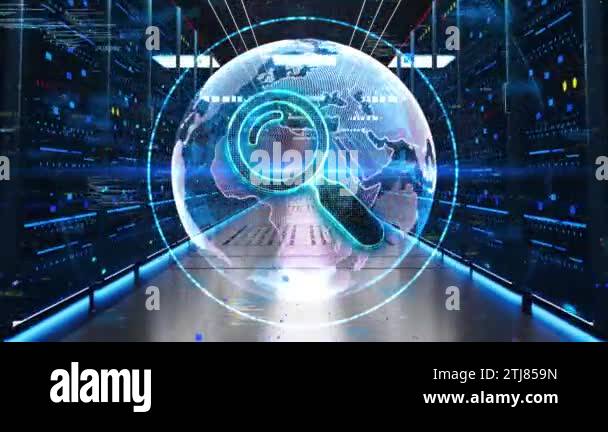 Search Button Icon Moving Through Rack Servers in Data Center. Concept ...