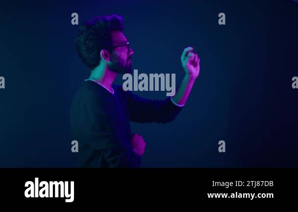 Infographic hologram editing backdrop template editing ultraviolet neon background Arabian man ...