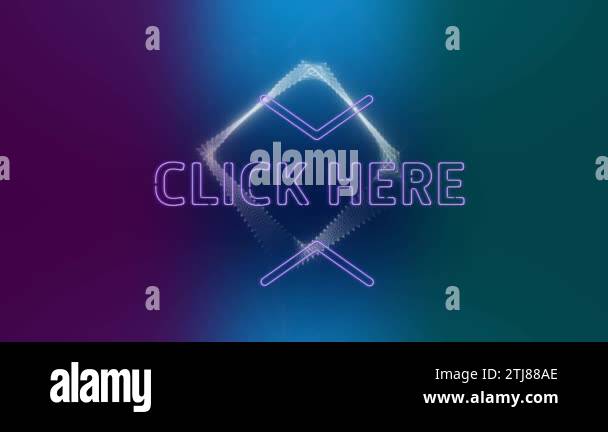 Animation of click here text over glowing diamond on purple to green ...