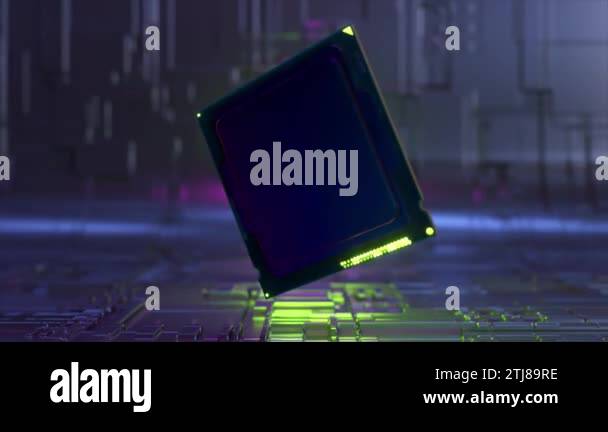 AI concept. The microchip rotates above the floor. Blue neon light ...