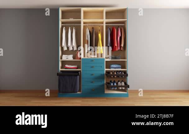 3D animation of wall cabinets with shoes and clothes drawer. Cabinets ...