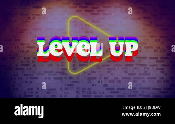 Animation of vhs effect over level up text banner over neon play icon ...