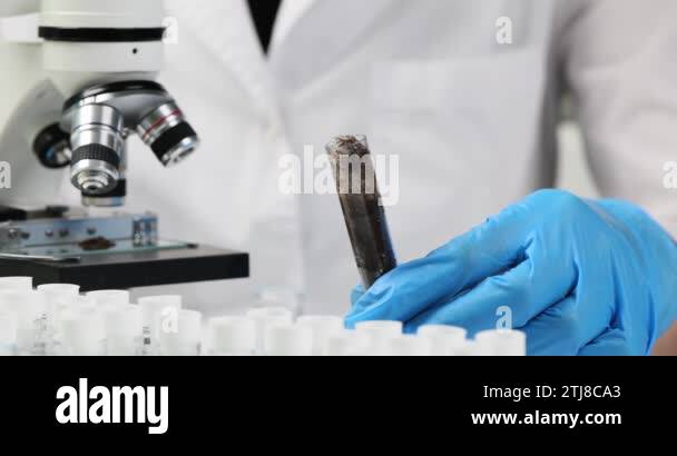 Chemist in rubber gloves holds test tube with black soil sitting next ...