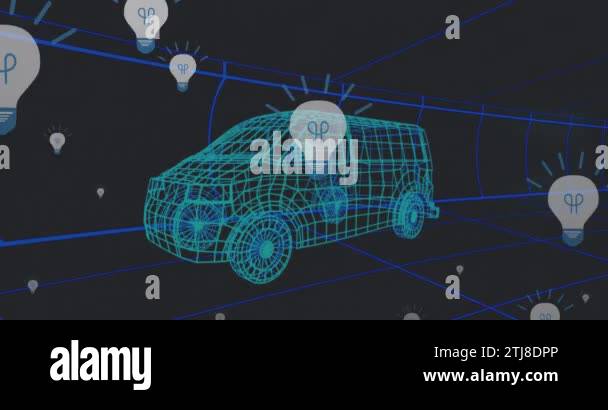 Animation of falling icons over 3d car model over grid on black ...