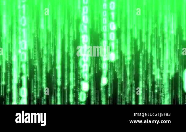 Green binary code falling down - matrix concept. Camera moves thorough ...