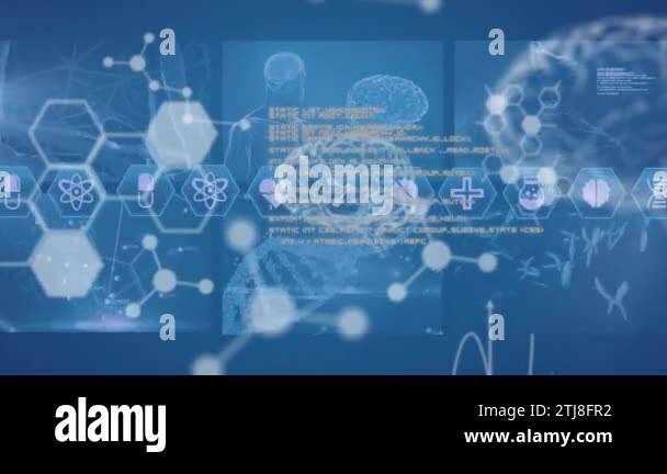 Animation of looping icons with programming language, human body, brain ...