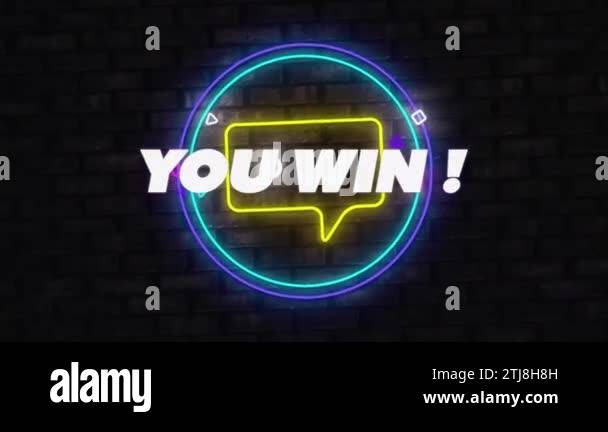 Animation of you win text and message icon over neon round banner ...