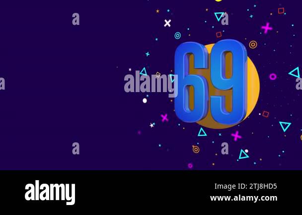 Greeting card of blue number 69 on an orange circle spewing magenta and ...