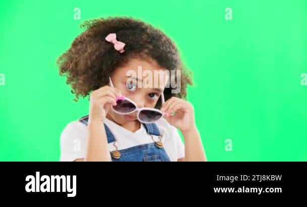 Cute, green screen and girl with sunglasses in studio with sassy ...