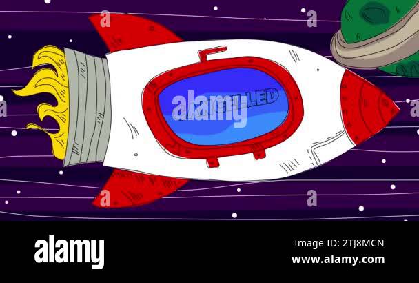 Rocket in Space with Cancelled text on the window. Line Art Cartoon ...