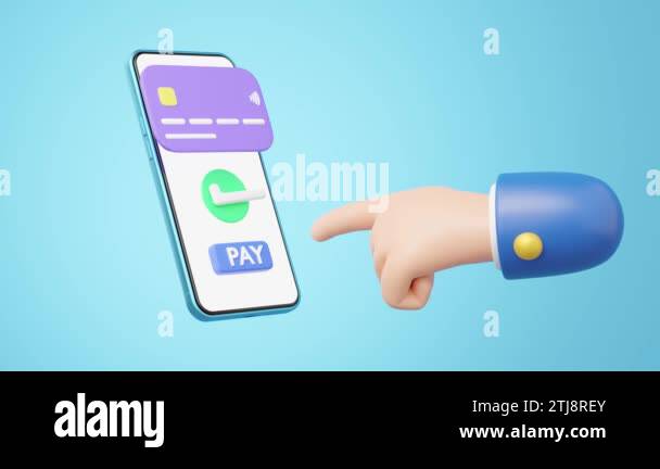 3D Hand press pay button icon. Phone and credit card float on blue ...