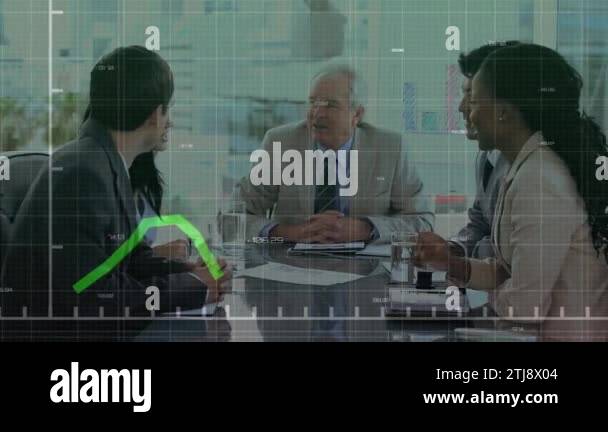 Animation of green graph with numbers over multiracial coworkers giving ...
