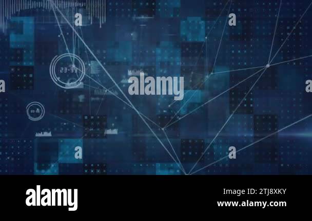Animation of squares, soundwave and lens flare over dots interconnecting with lines. Digitally ...