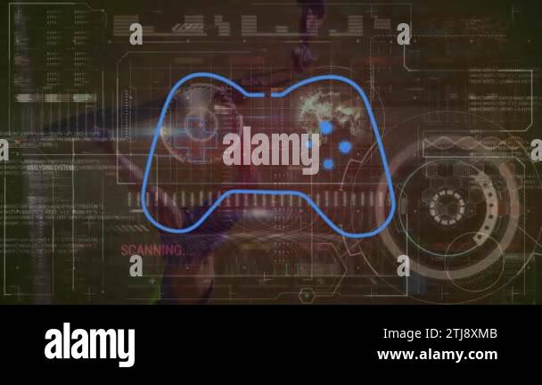 Animation of game controller with infographic interface over player ...