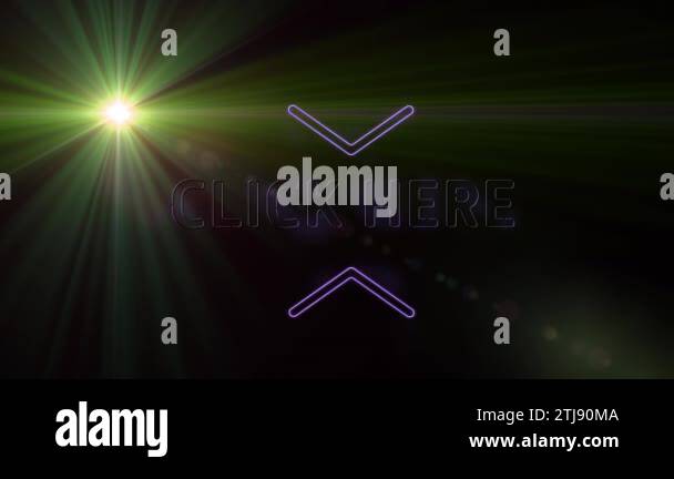 Animation of blinking click here text and arrows with lens flare over ...