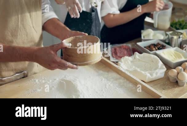 Funny momets kids hands clapping in hands with flour while father ...